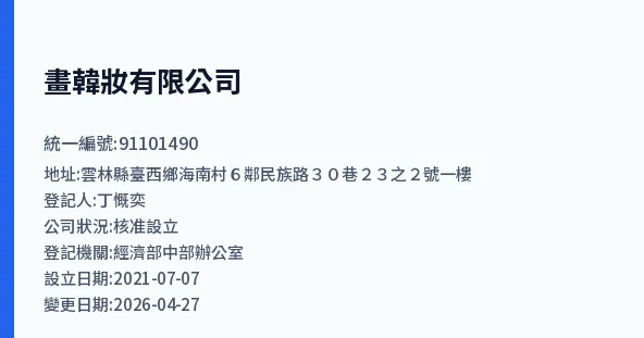 畫韓妝有限公司的照片-統編 91101490(雲林縣) 公司登記資料與營業項目詳細圖表