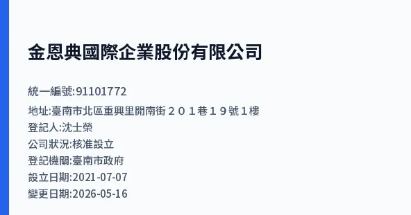 金恩典國際企業股份有限公司的照片-統編 91101772(臺南市) 公司登記資料與營業項目詳細圖表