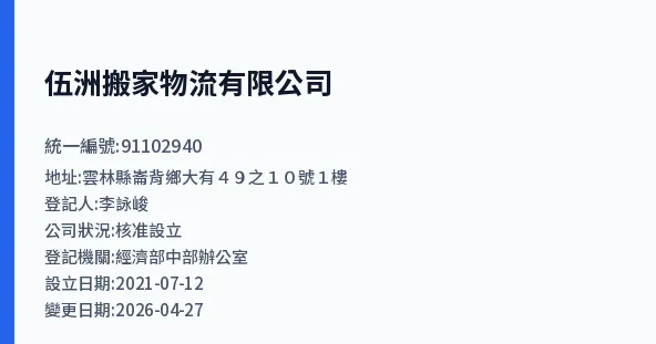 伍洲搬家物流有限公司的照片-統編 91102940(雲林縣) 公司登記資料與營業項目詳細圖表