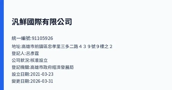 汎鮮國際有限公司的照片-統編 91105926(高雄市) 公司登記資料與營業項目詳細圖表