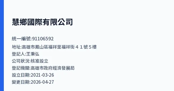 慧鄉國際有限公司的照片-統編 91106592(高雄市) 公司登記資料與營業項目詳細圖表
