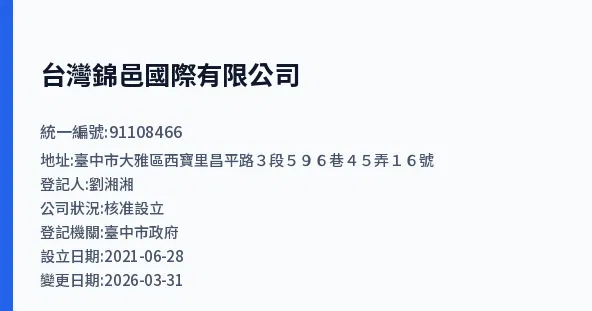 台灣錦邑國際有限公司的照片-統編 91108466(臺中市) 公司登記資料與營業項目詳細圖表