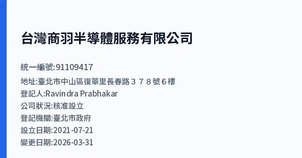 台灣商羽半導體服務有限公司的照片-統編 91109417(臺北市) 公司登記資料與營業項目詳細圖表