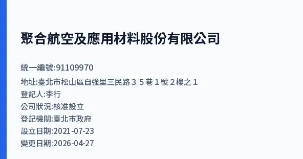 聚合航空及應用材料股份有限公司的照片-統編 91109970(臺北市) 公司登記資料與營業項目詳細圖表