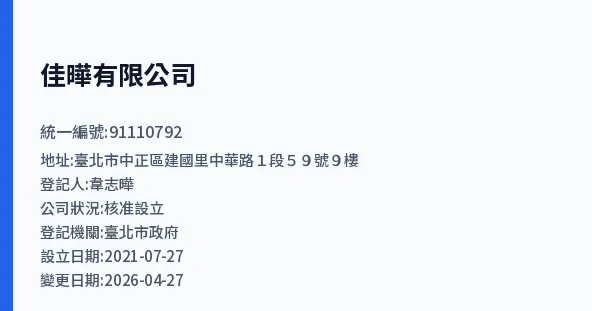 佳曄有限公司的照片-統編 91110792(臺北市) 公司登記資料與營業項目詳細圖表