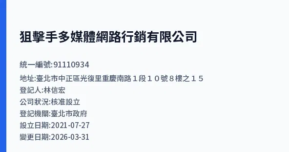 狙擊手多媒體網路行銷有限公司的照片-統編 91110934(臺北市) 公司登記資料與營業項目詳細圖表