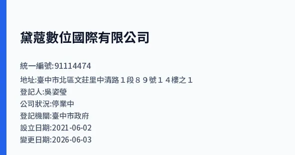 黛蔻數位國際有限公司的照片-統編 91114474(臺中市) 公司登記資料與營業項目詳細圖表