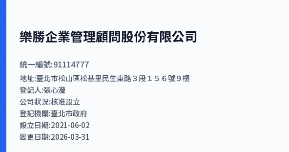 樂勝企業管理顧問股份有限公司的照片-統編 91114777(臺北市) 公司登記資料與營業項目詳細圖表