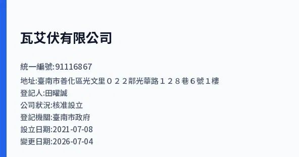 瓦艾伏有限公司的照片-統編 91116867(臺南市) 公司登記資料與營業項目詳細圖表