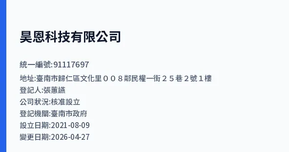 昊恩科技有限公司的照片-統編 91117697(臺南市) 公司登記資料與營業項目詳細圖表