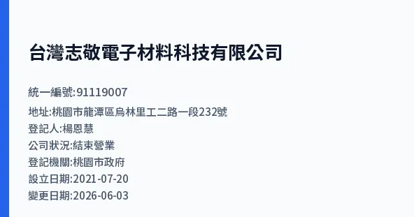 台灣志敬電子材料科技有限公司的照片-統編 91119007(桃園市) 公司登記資料與營業項目詳細圖表