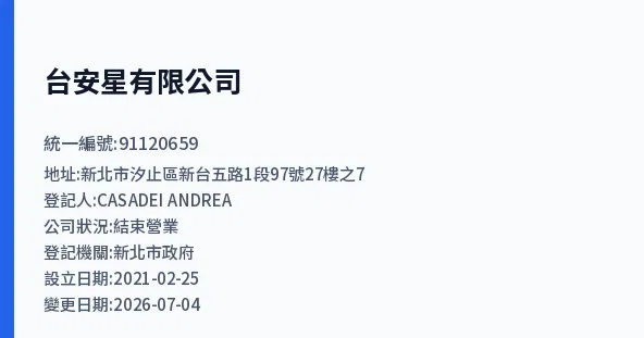 台安星有限公司的照片-統編 91120659(新北市) 公司登記資料與營業項目詳細圖表