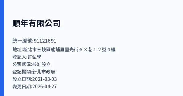 順年有限公司的照片-統編 91121691(新北市) 公司登記資料與營業項目詳細圖表