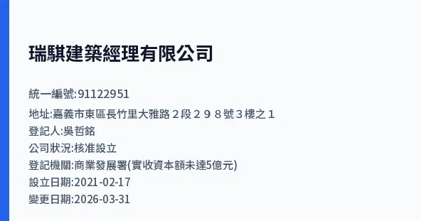 瑞騏建築經理有限公司的照片-統編 91122951(嘉義市) 公司登記資料與營業項目詳細圖表