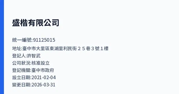盛楷有限公司的照片-統編 91125015(臺中市) 公司登記資料與營業項目詳細圖表