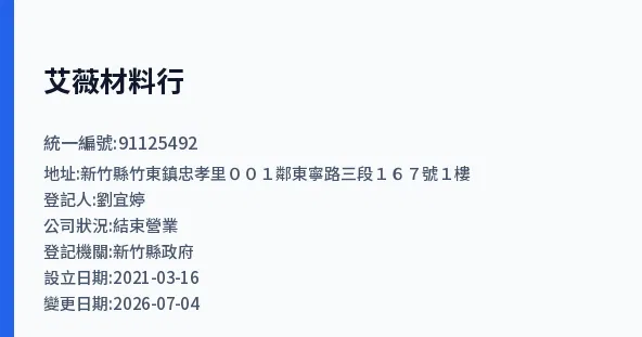 艾薇材料行的照片-統編 91125492(新竹縣) 公司登記資料與營業項目詳細圖表