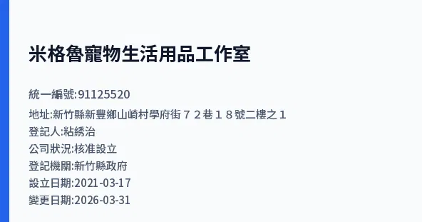 米格魯寵物生活用品工作室的照片-統編 91125520(新竹縣) 公司登記資料與營業項目詳細圖表