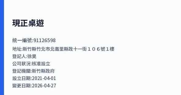 現正桌遊的照片-統編 91126598(新竹縣) 公司登記資料與營業項目詳細圖表
