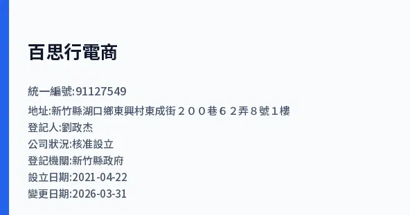 百思行電商的照片-統編 91127549(新竹縣) 公司登記資料與營業項目詳細圖表