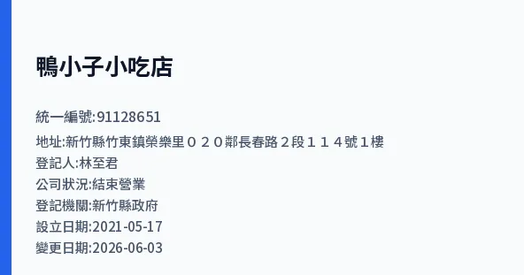 鴨小子小吃店的照片-統編 91128651(新竹縣) 公司登記資料與營業項目詳細圖表