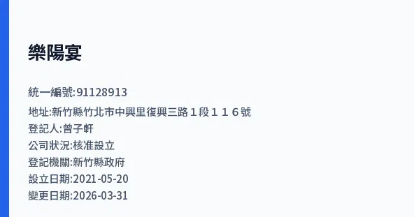 樂陽宴的照片-統編 91128913(新竹縣) 公司登記資料與營業項目詳細圖表
