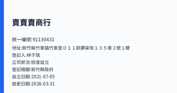 賣賣賣商行的照片-統編 91130431(新竹縣) 公司登記資料與營業項目詳細圖表