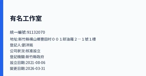 有名工作室的照片-統編 91132070(新竹縣) 公司登記資料與營業項目詳細圖表