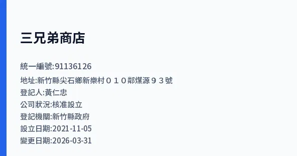 三兄弟商店的照片-統編 91136126(新竹縣) 公司登記資料與營業項目詳細圖表
