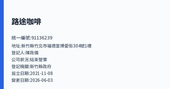 路途咖啡的照片-統編 91136239(新竹縣) 公司登記資料與營業項目詳細圖表