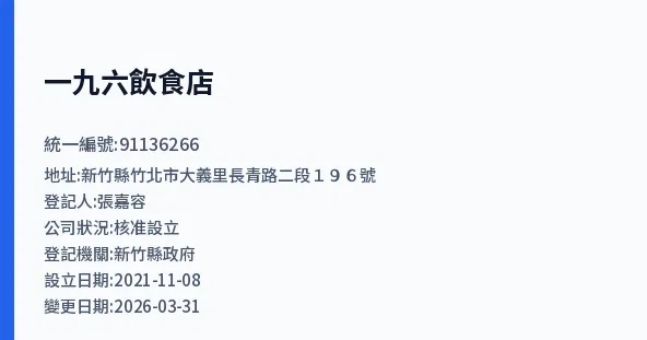 一九六飲食店的照片-統編 91136266(新竹縣) 公司登記資料與營業項目詳細圖表