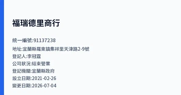 福瑞德里商行的照片-統編 91137238(宜蘭縣) 公司登記資料與營業項目詳細圖表
