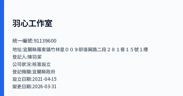 羽心工作室的照片-統編 91139600(宜蘭縣) 公司登記資料與營業項目詳細圖表
