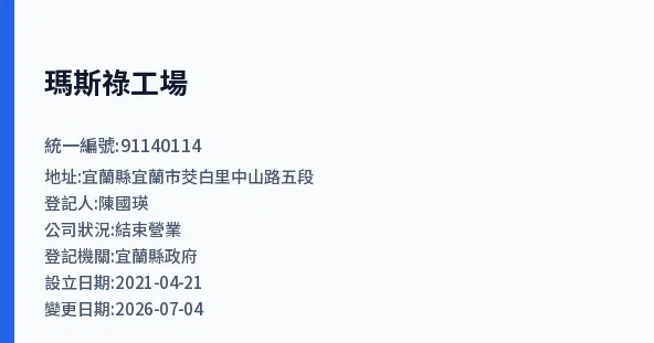 瑪斯祿工場的照片-統編 91140114(宜蘭縣) 公司登記資料與營業項目詳細圖表