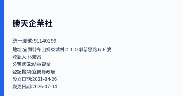 勝天企業社的照片-統編 91140199(宜蘭縣) 公司登記資料與營業項目詳細圖表