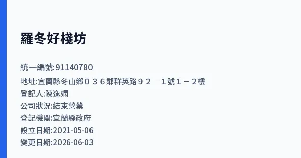 羅冬好棧坊的照片-統編 91140780(宜蘭縣) 公司登記資料與營業項目詳細圖表