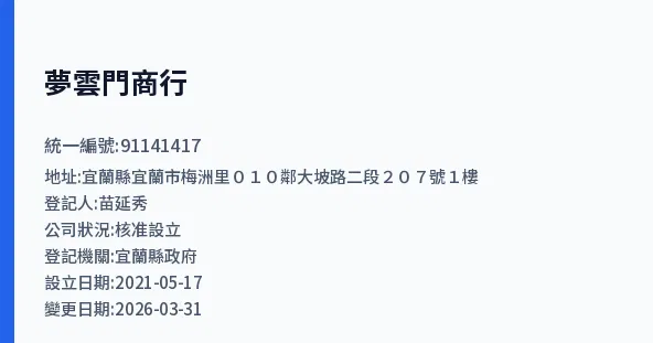 夢雲門商行的照片-統編 91141417(宜蘭縣) 公司登記資料與營業項目詳細圖表