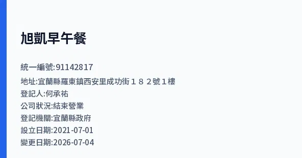 旭凱早午餐的照片-統編 91142817(宜蘭縣) 公司登記資料與營業項目詳細圖表