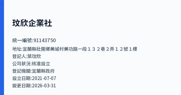 玟欣企業社的照片-統編 91143750(宜蘭縣) 公司登記資料與營業項目詳細圖表