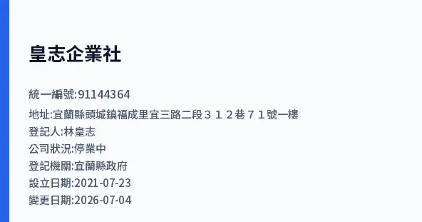 皇志企業社的照片-統編 91144364(宜蘭縣) 公司登記資料與營業項目詳細圖表