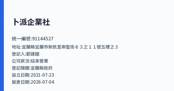 卜派企業社的照片-統編 91144527(宜蘭縣) 公司登記資料與營業項目詳細圖表