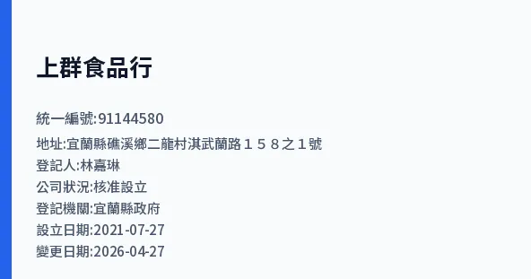 上群食品行的照片-統編 91144580(宜蘭縣) 公司登記資料與營業項目詳細圖表