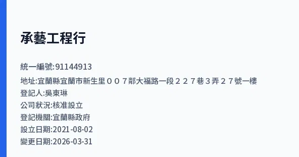承藝工程行的照片-統編 91144913(宜蘭縣) 公司登記資料與營業項目詳細圖表