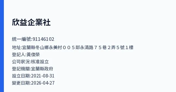 欣益企業社的照片-統編 91146102(宜蘭縣) 公司登記資料與營業項目詳細圖表