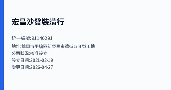 宏昌沙發裝潢行的照片-統編 91146291(桃園市) 公司登記資料與營業項目詳細圖表
