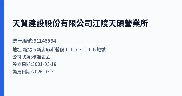 天賀建設股份有限公司江陵天碩營業所的照片-統編 91146594(新北市) 公司登記資料與營業項目詳細圖表