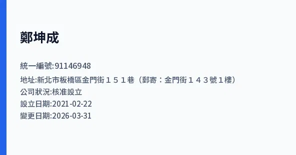 鄭坤成的照片-統編 91146948(新北市) 公司登記資料與營業項目詳細圖表