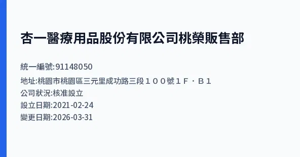 杏一醫療用品股份有限公司桃榮販售部的照片-統編 91148050(桃園市) 公司登記資料與營業項目詳細圖表