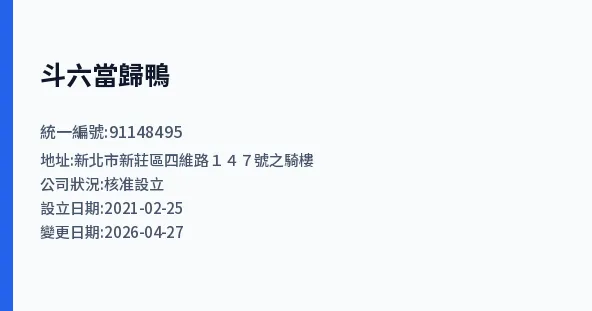 斗六當歸鴨的照片-統編 91148495(新北市) 公司登記資料與營業項目詳細圖表