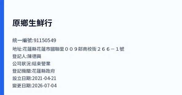 原鄉生鮮行的照片-統編 91150549(花蓮縣) 公司登記資料與營業項目詳細圖表