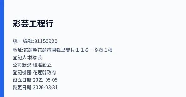 彩芸工程行的照片-統編 91150920(花蓮縣) 公司登記資料與營業項目詳細圖表